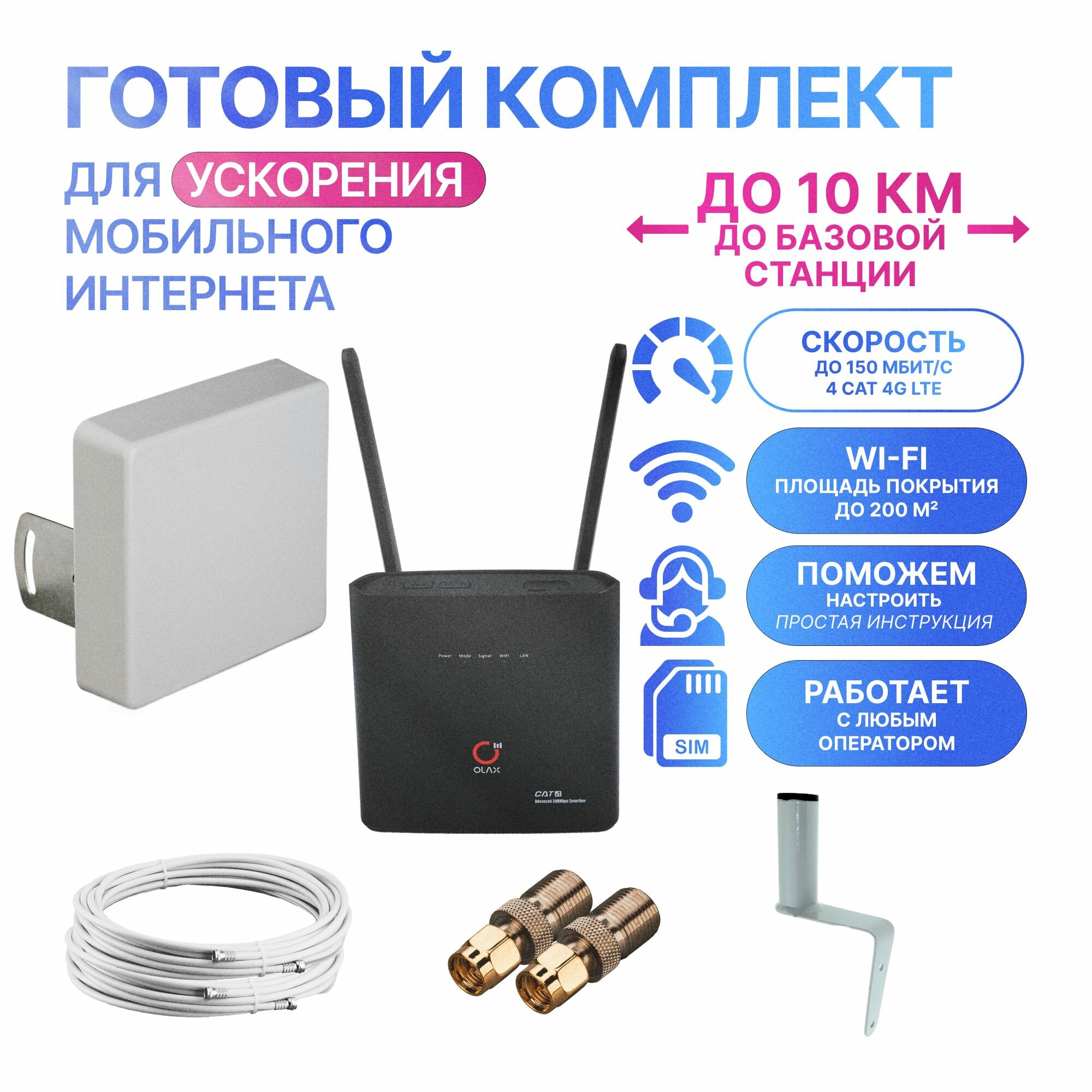 Мощный Комплект Интернет на дачу с 4G LTE WiFi роутером и антенной 15 дБ до 10 км от вышки!