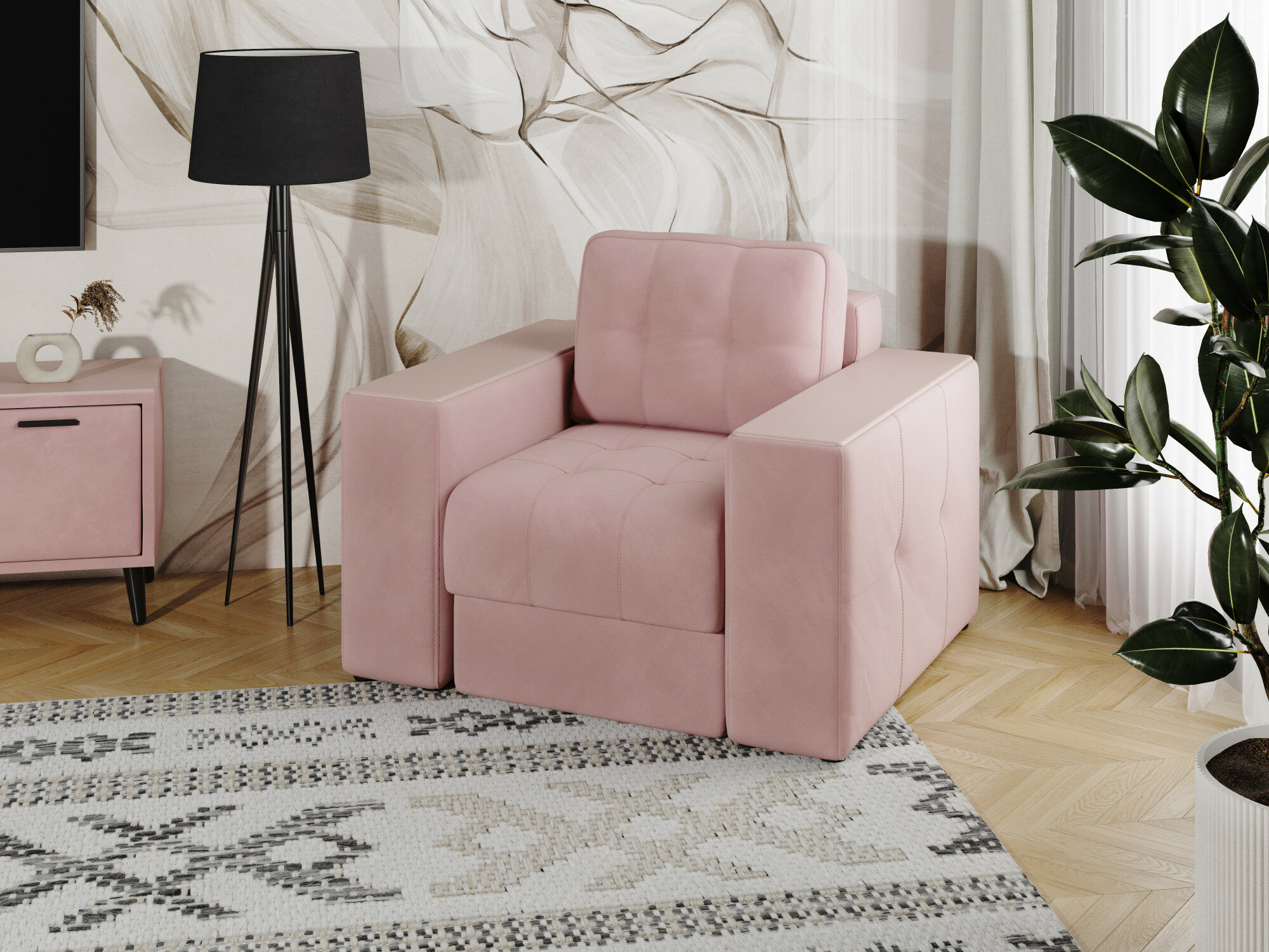 Кресло нераскладное, обивка двухслойный велюр, Пыльная роза/Пудра