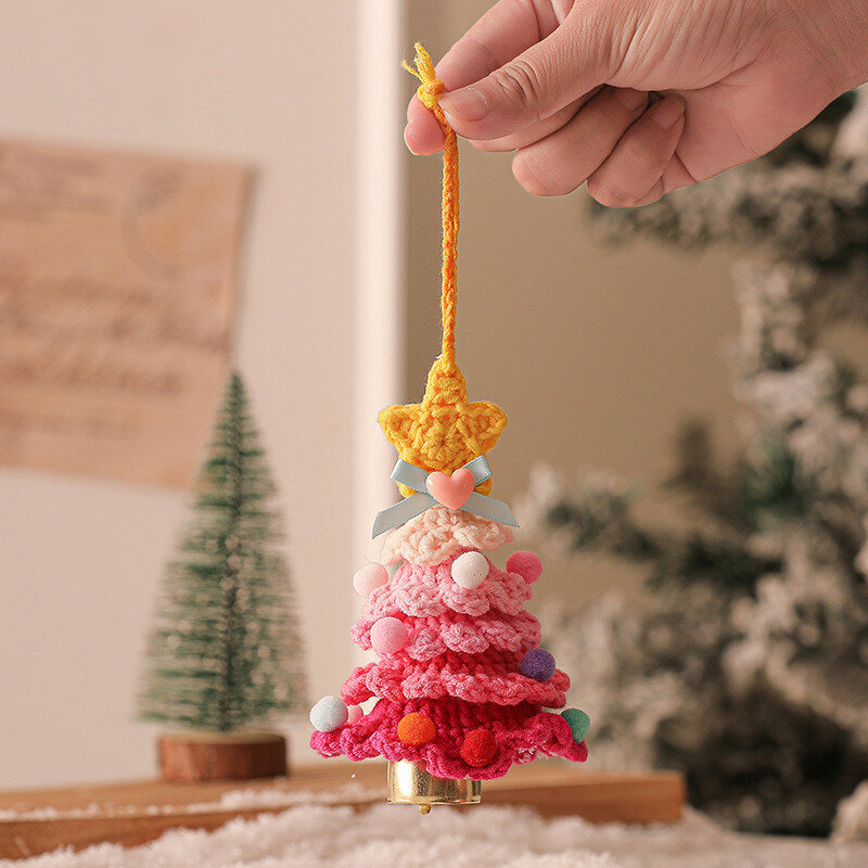 Creative wool crochet christmas tree decorations with plush for christmas party decor, rose pink