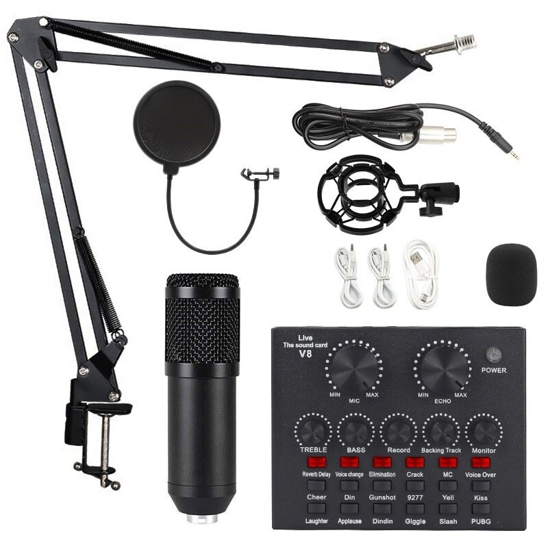 Горячая продажа металлического конденсаторного микрофона BM800 с звуковой картой V8 для мобильного телефона, компьютера, стримера, караоке, записи и прямой трансляции с подставкой