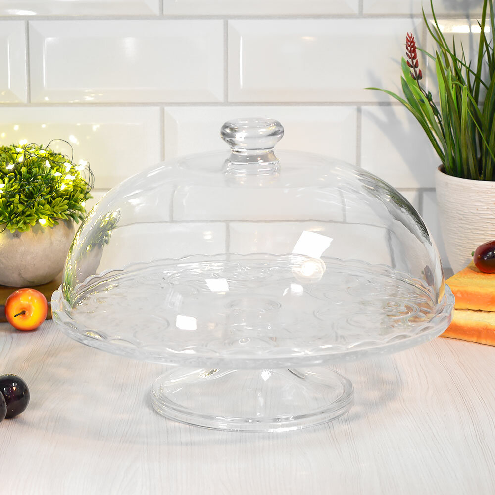 Блюдо для торта 29x20 см на ножке с крышкой, стекло, прозрачное