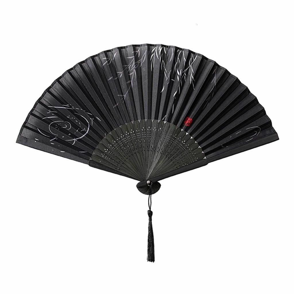 Веер бамбуковый летний с узором ивы, - Черная плакучая ива