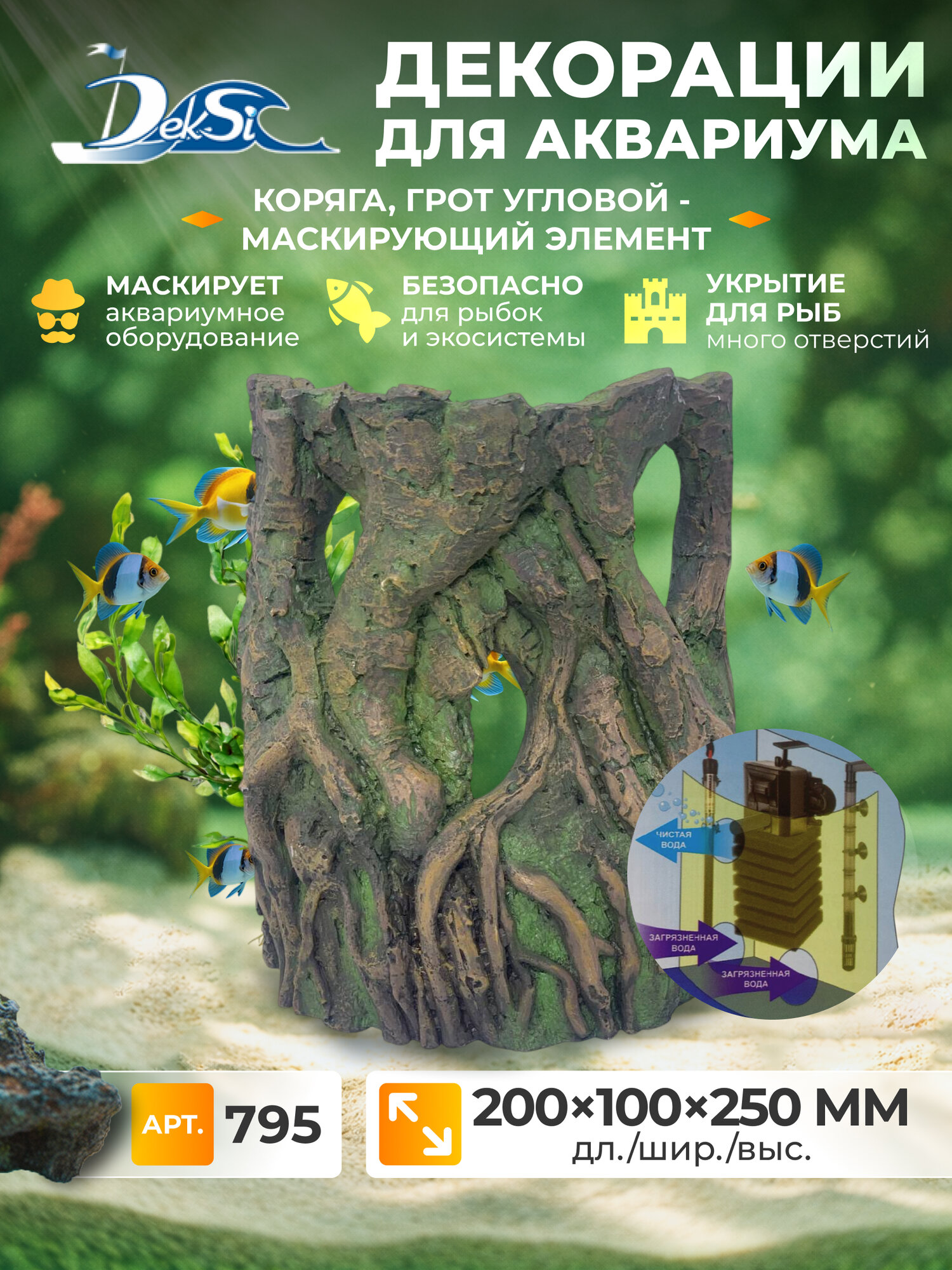 Декорация для аквариума и террариума Коряга, Грот DEKSI угловой маскирующий элемент для фильтра, арт. №795