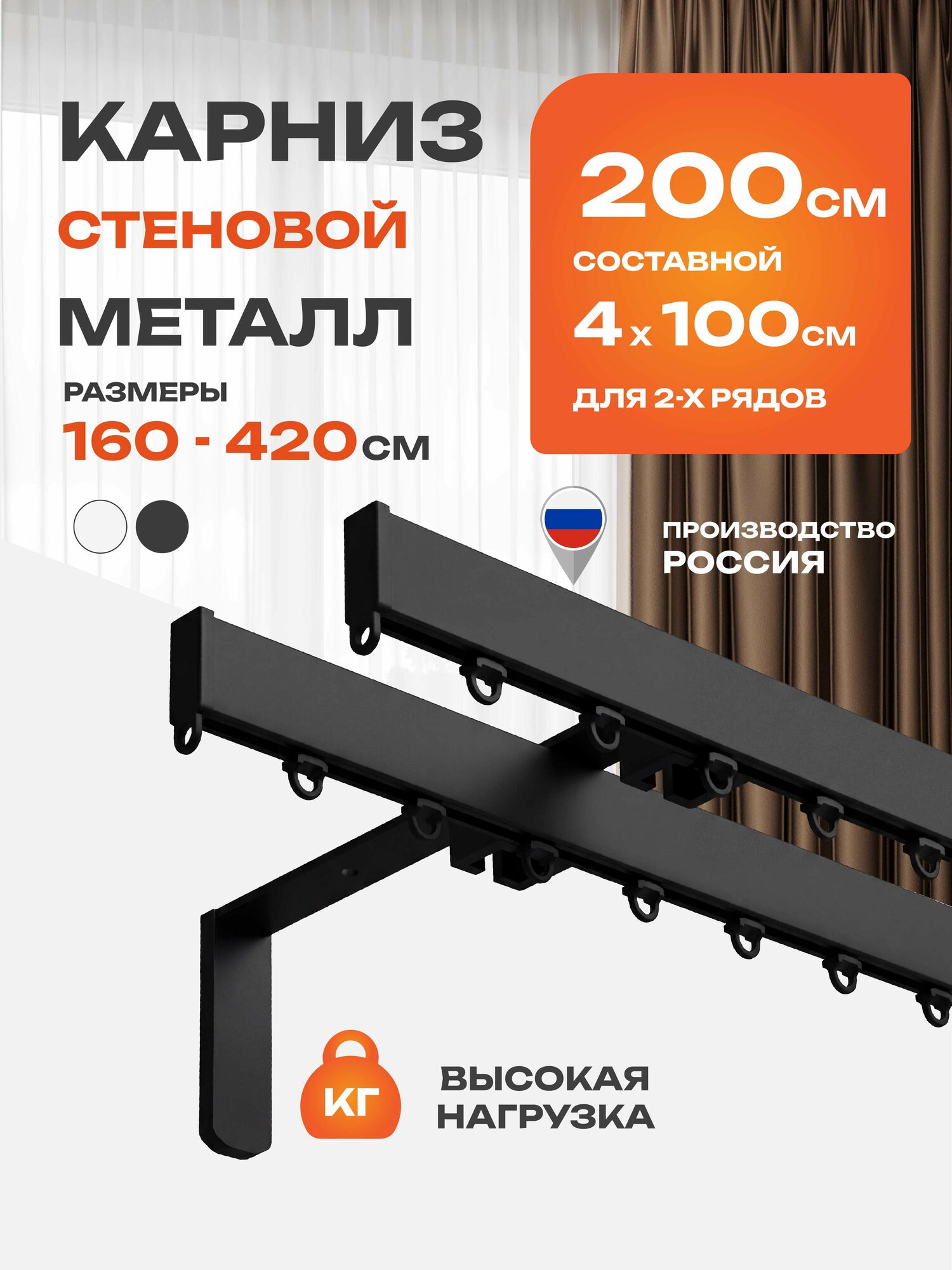 Карниз для штор двухрядный настенный 200 см металлический профильный составной черный, гардина для штор