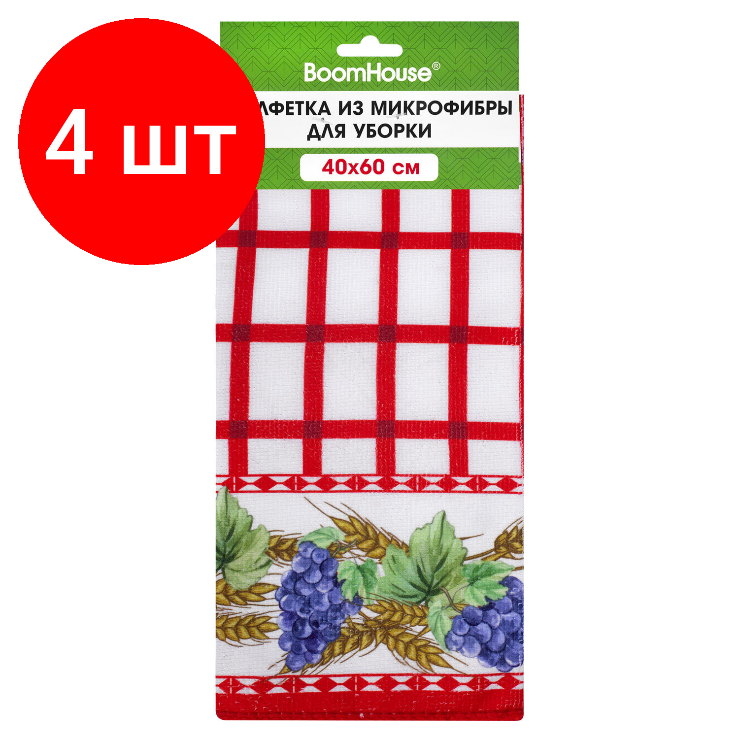 Комплект 4 шт, Салфетка из микрофибры универсальная 40 х 60 см, красная клетка, орнамент, 240 г/м2, BOOMHOUSE, 700880