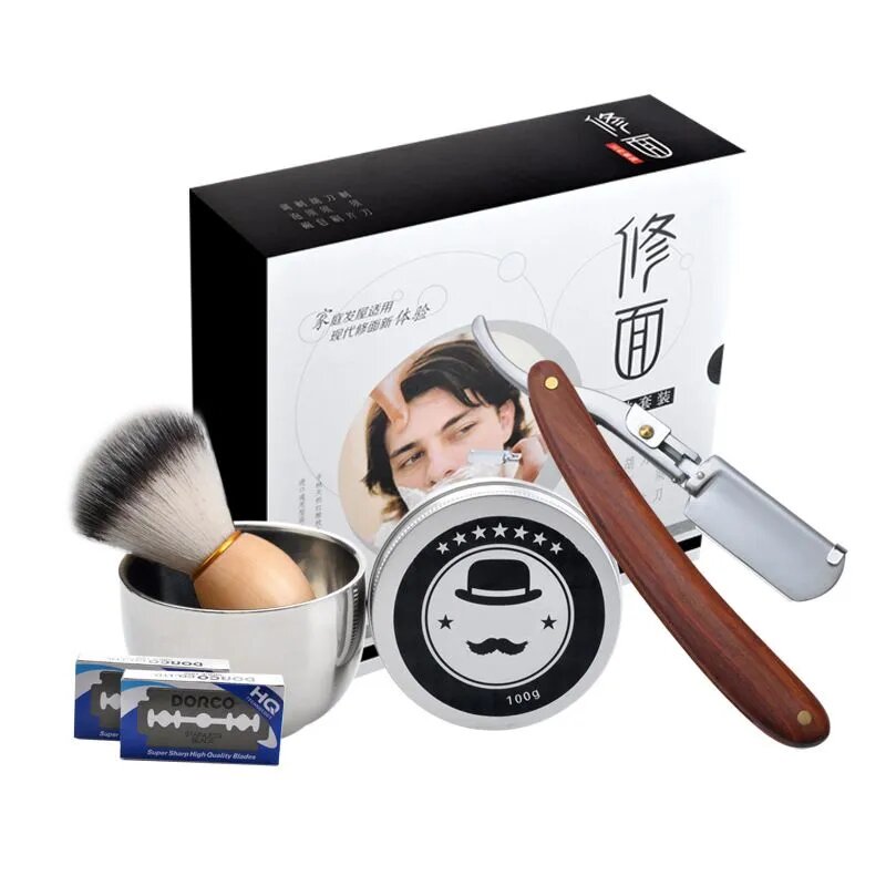 Опасная Бритва с деревянной ручкой и набором для бритья, коричневый цвет