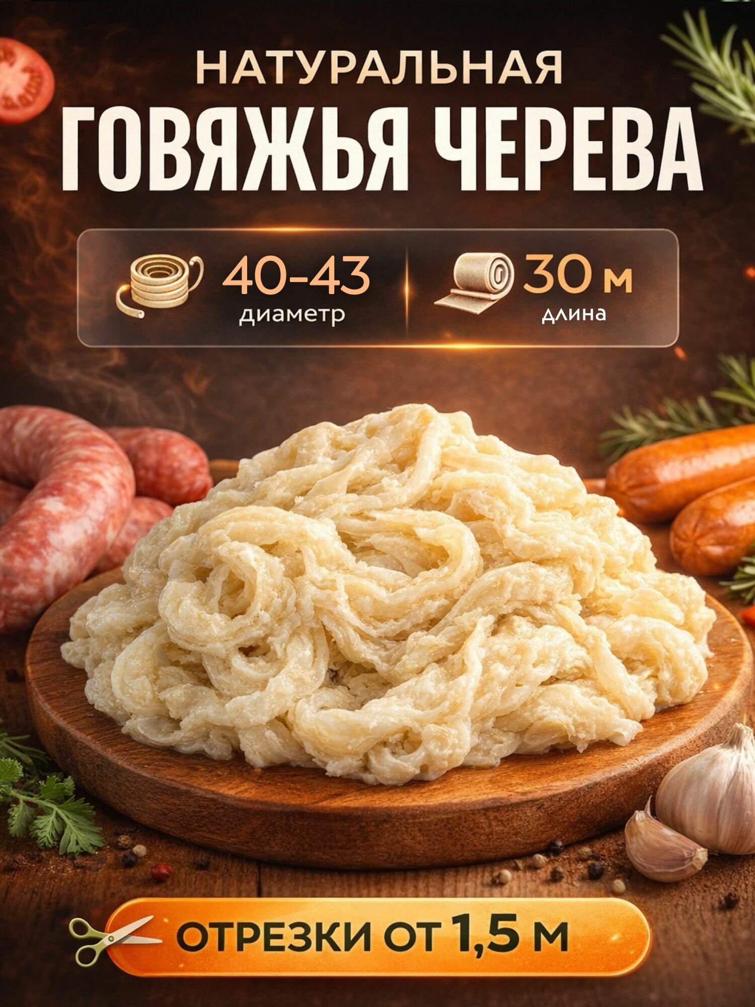 Оболочка для колбасы натуральная говяжья, 40/43 мм, длина 30 м (черева), отрезки от 1.5м