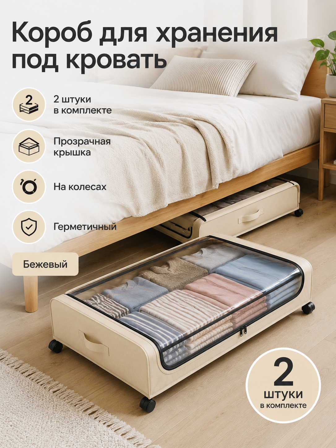 Короб для хранения , герметичный, на колесах, с прозрачной крышкой，бежевый, 2 штука