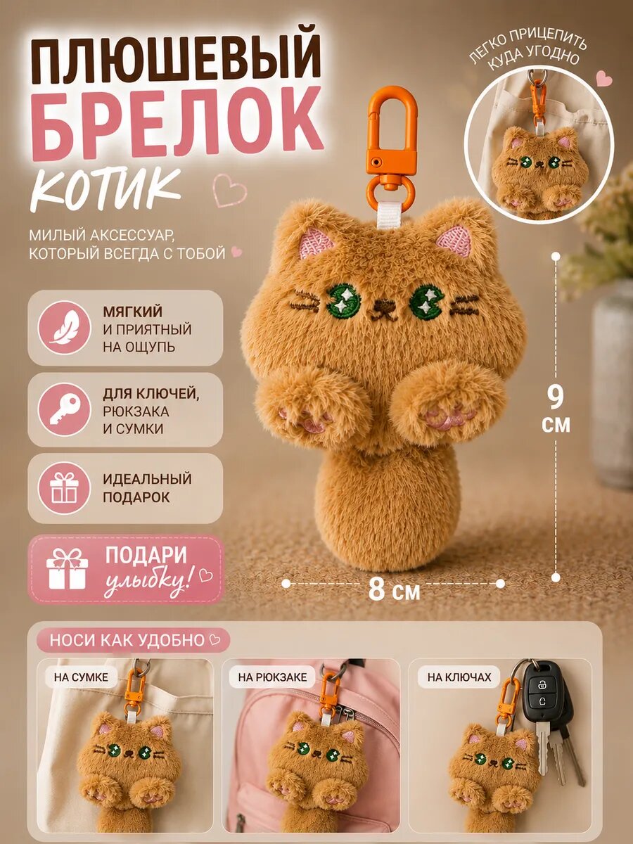 Брелок плюшевый игрушка на сумку рюкзак ключи Котик