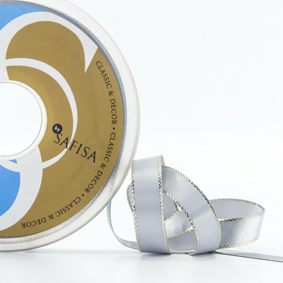 Лента атласная SAFISA с люрексным кантом по краям, 11 мм, 25 м, цвет 27, серый