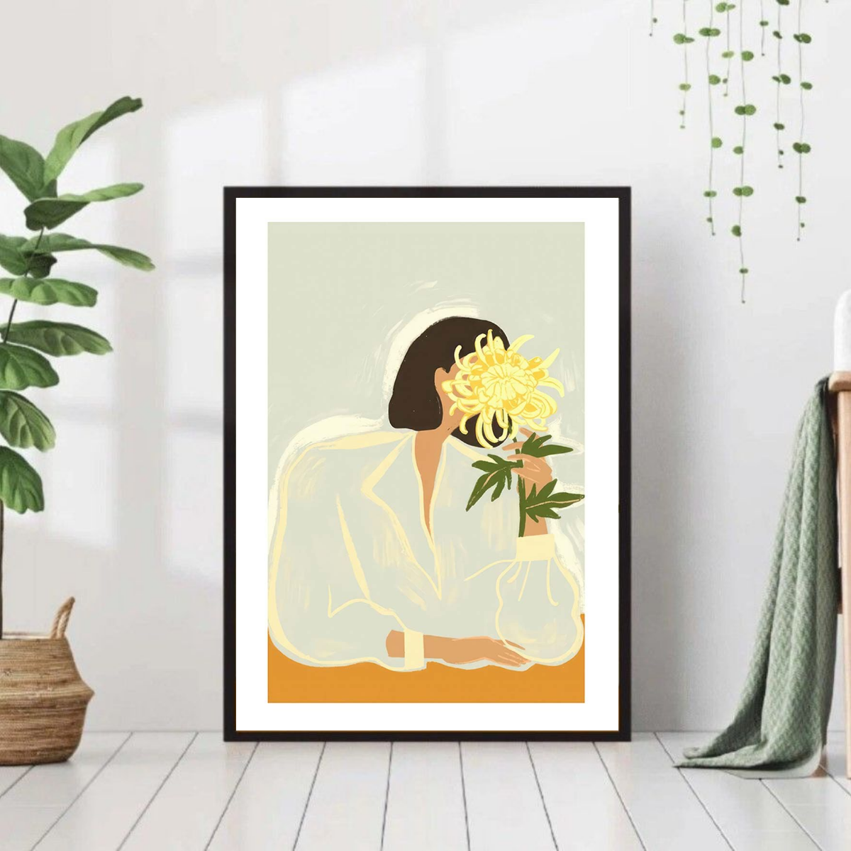 Постер "Девушка с желтым цветком" 40x50 в черной рамке на стену для интерьера