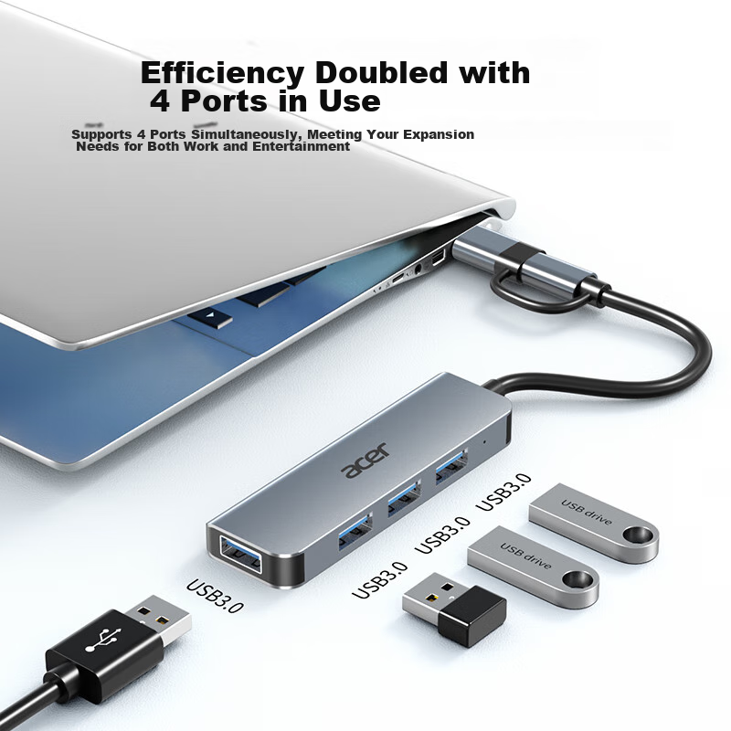 Acer Type-C/USB 3.0 Hub, High-Speed Four-Port Expansion Dock, HUB Concentrator, Laptop And Desktop Computer Phone Expansion Adapter, Aluminum Alloy Converter Connector