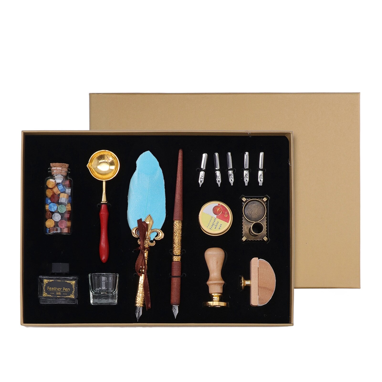 Набор гусиных ручек в европейском стиле. Элегантный винтажный набор гусиных ручек с промокашкой, восковой ложкой и 5 сменными перьями.