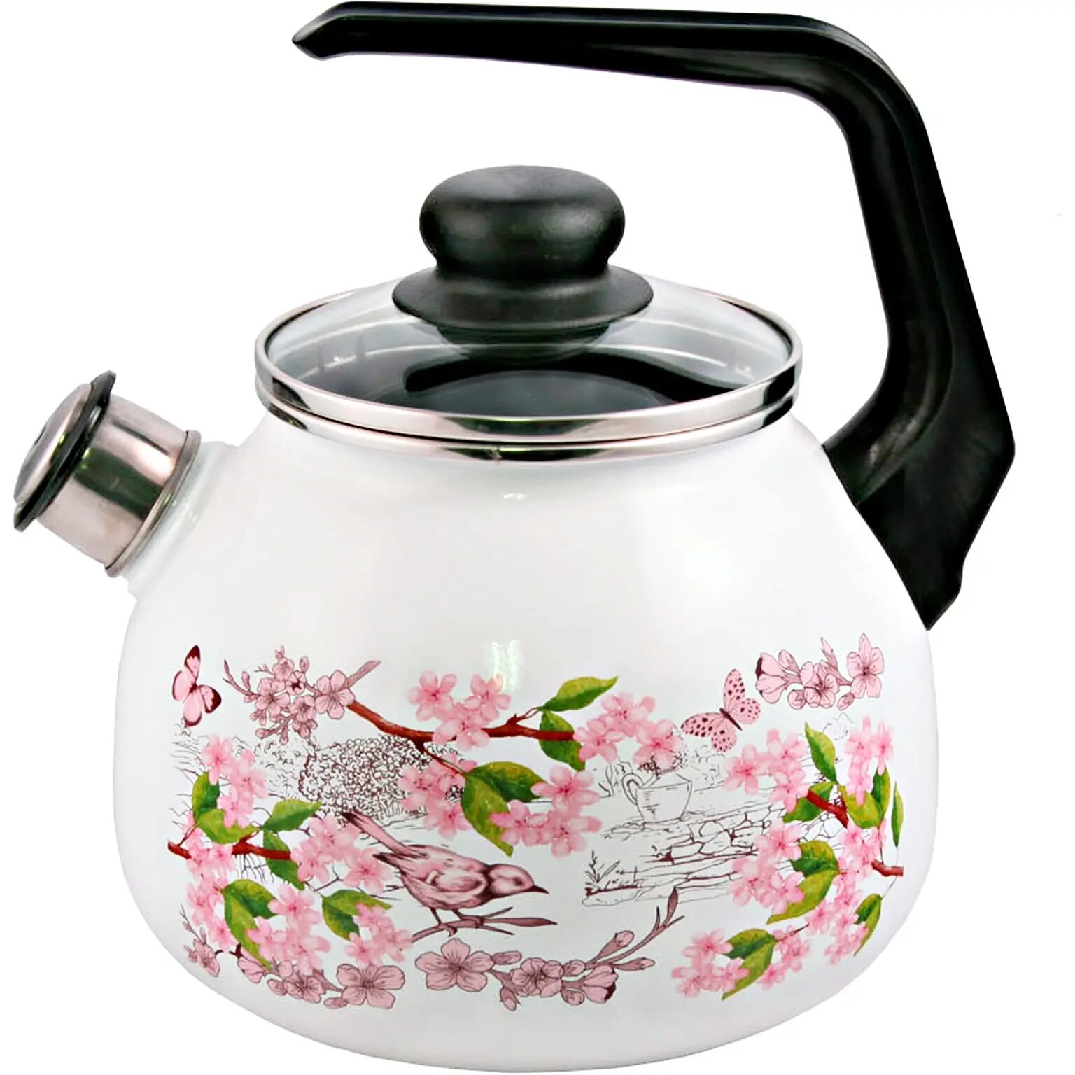 Чайник эмалированный 3л со свистком «Bird» Appetite, белый, цветочный дизайн