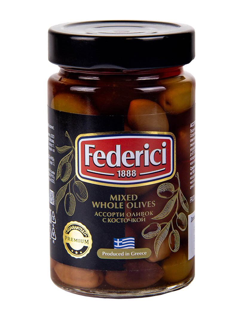 Оливки Federici Ассорти с косточкой, консервированные, 300 г