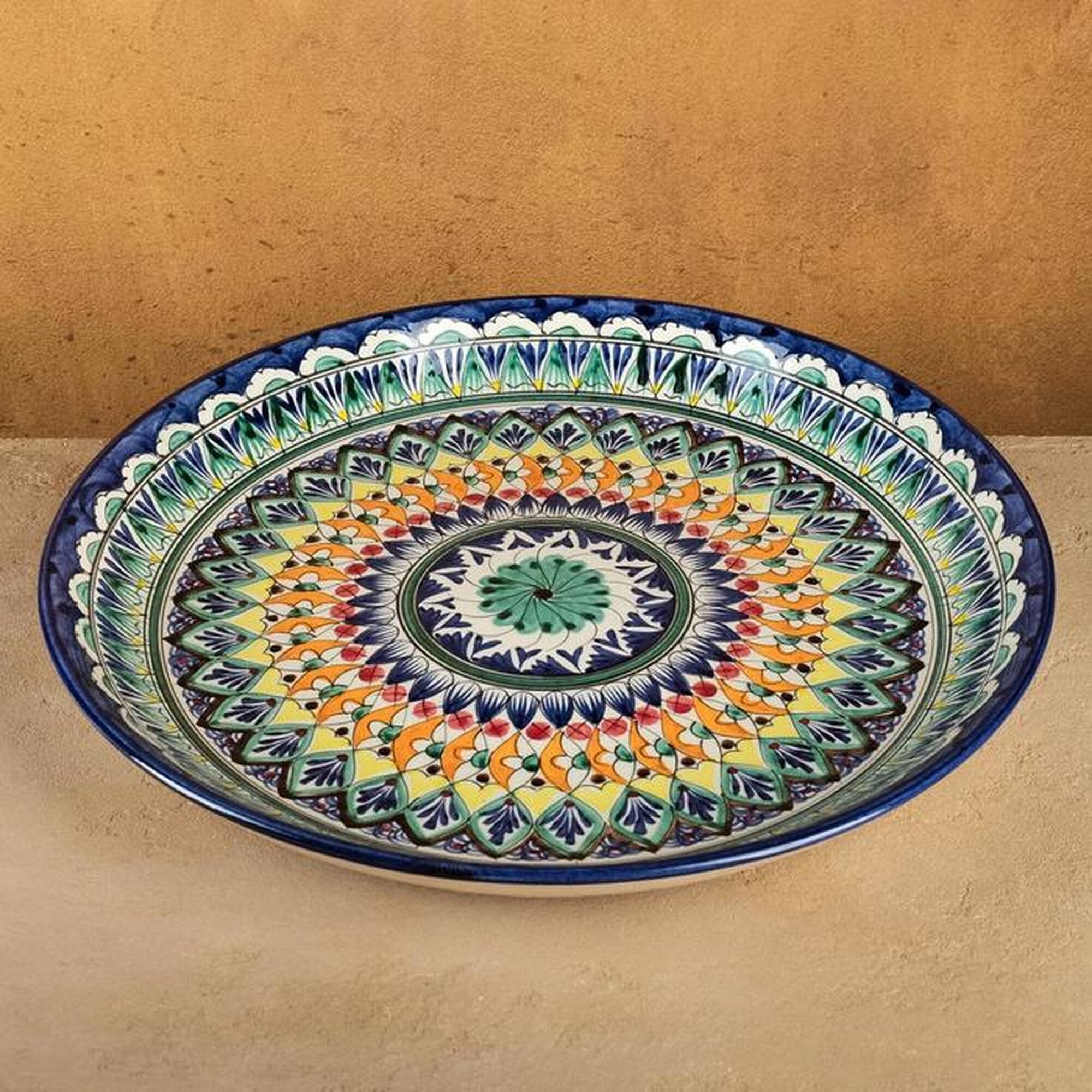 Блюдо Шафран "Узоры", керамика, 37х1.8 см, разноцветный/синий