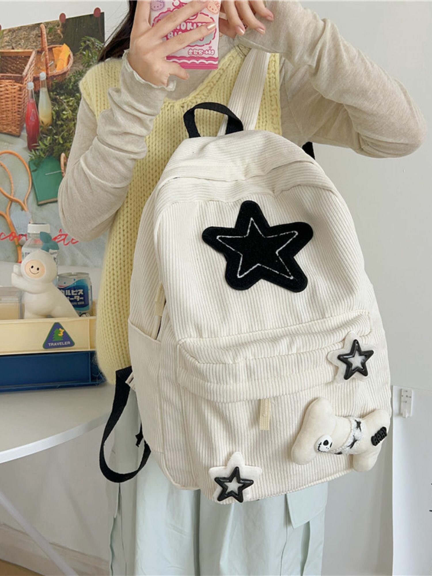 Рюкзак школьный для девочки белый вельветовый / Рюкзак корейский Y2K милый для школы модный со звездами