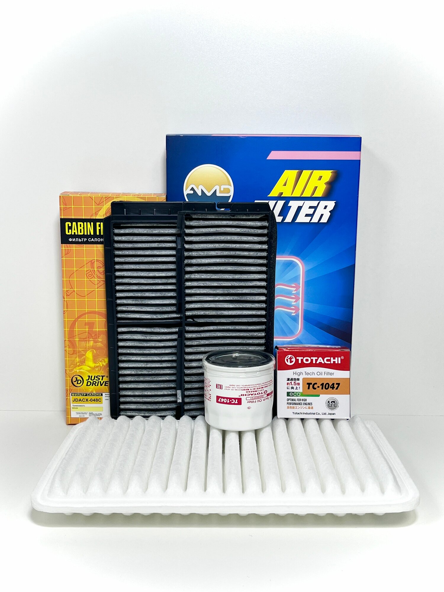 Комплект фильтров для Mazda 3 BL 1.6 (Мазда 3 БЛ 2009 - 2013) Фильтр воздушный AMD + масляный Totachi + салонный угольный JD