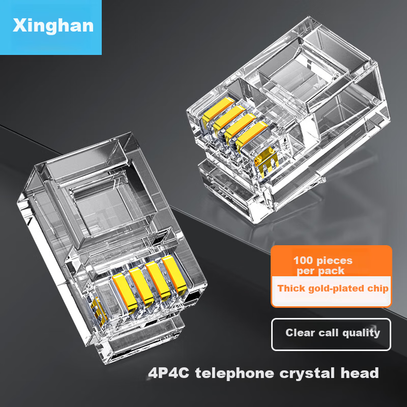Xinghan Telephone Crystal Head 4 Core 4P4C Telephone Line Connector RJ12 Interface Telephone Line Crystal Head Voice Connection Plug Handset Line Connector 100pcs AV00402