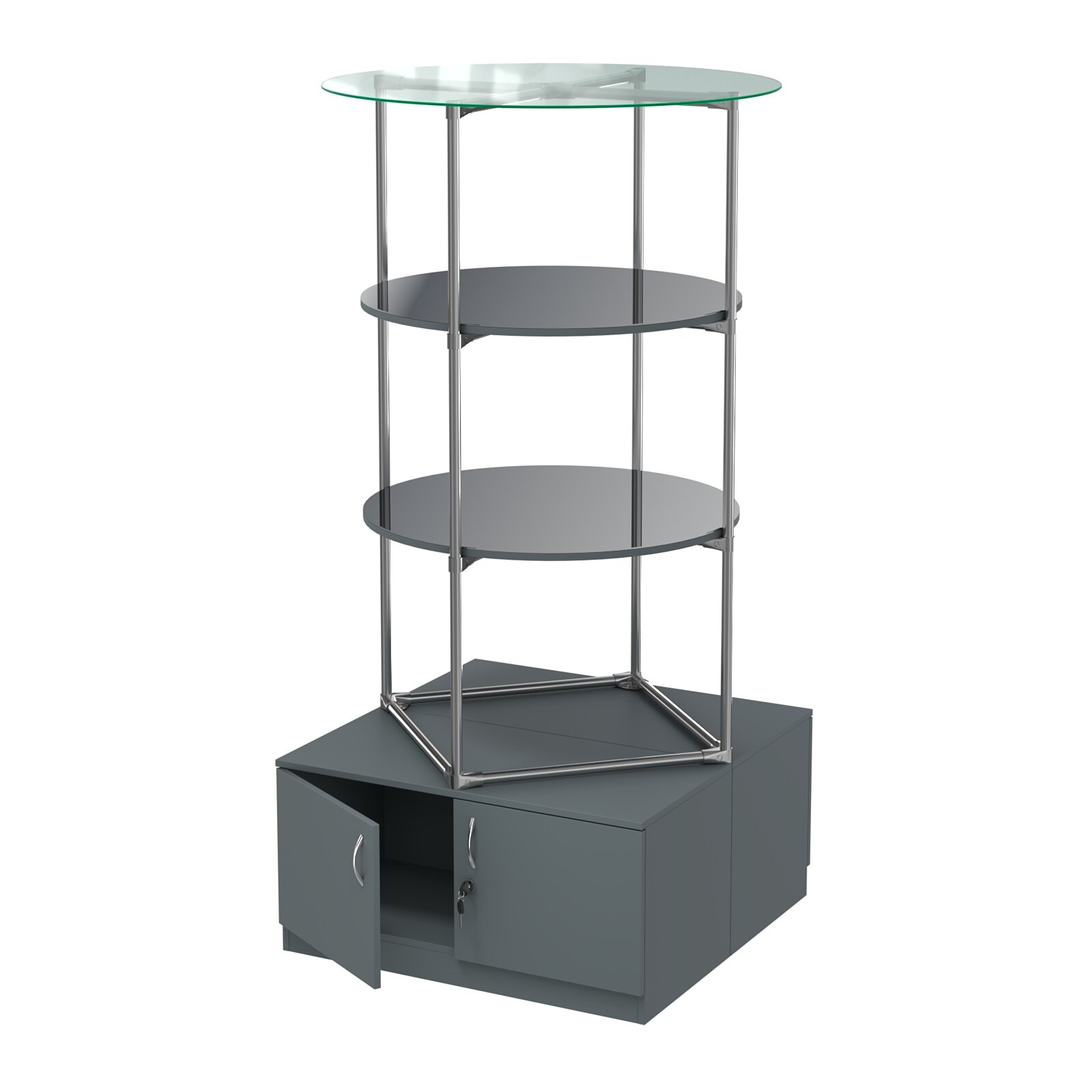 Торговые стенды сфера с полками и тумбами №4 (с двумя зеркальными полками), Темно-Серый