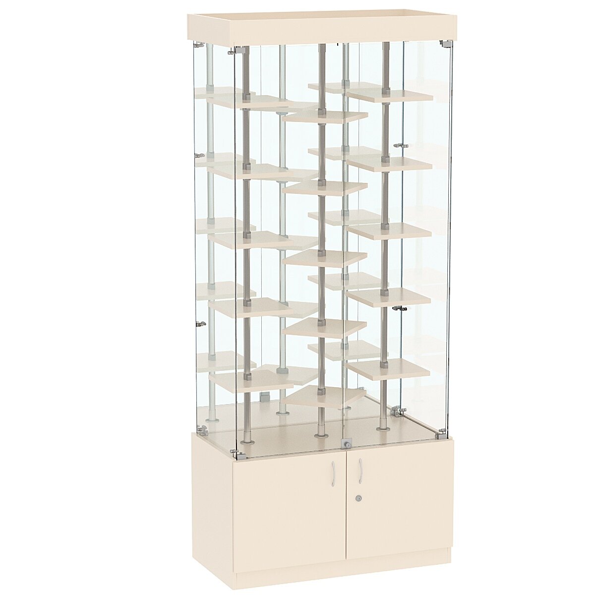 Стеклянная торговая витрина с хромирован- ными стойками и маленькими полками ДСП серии Протон №3-3, Крем Вайс