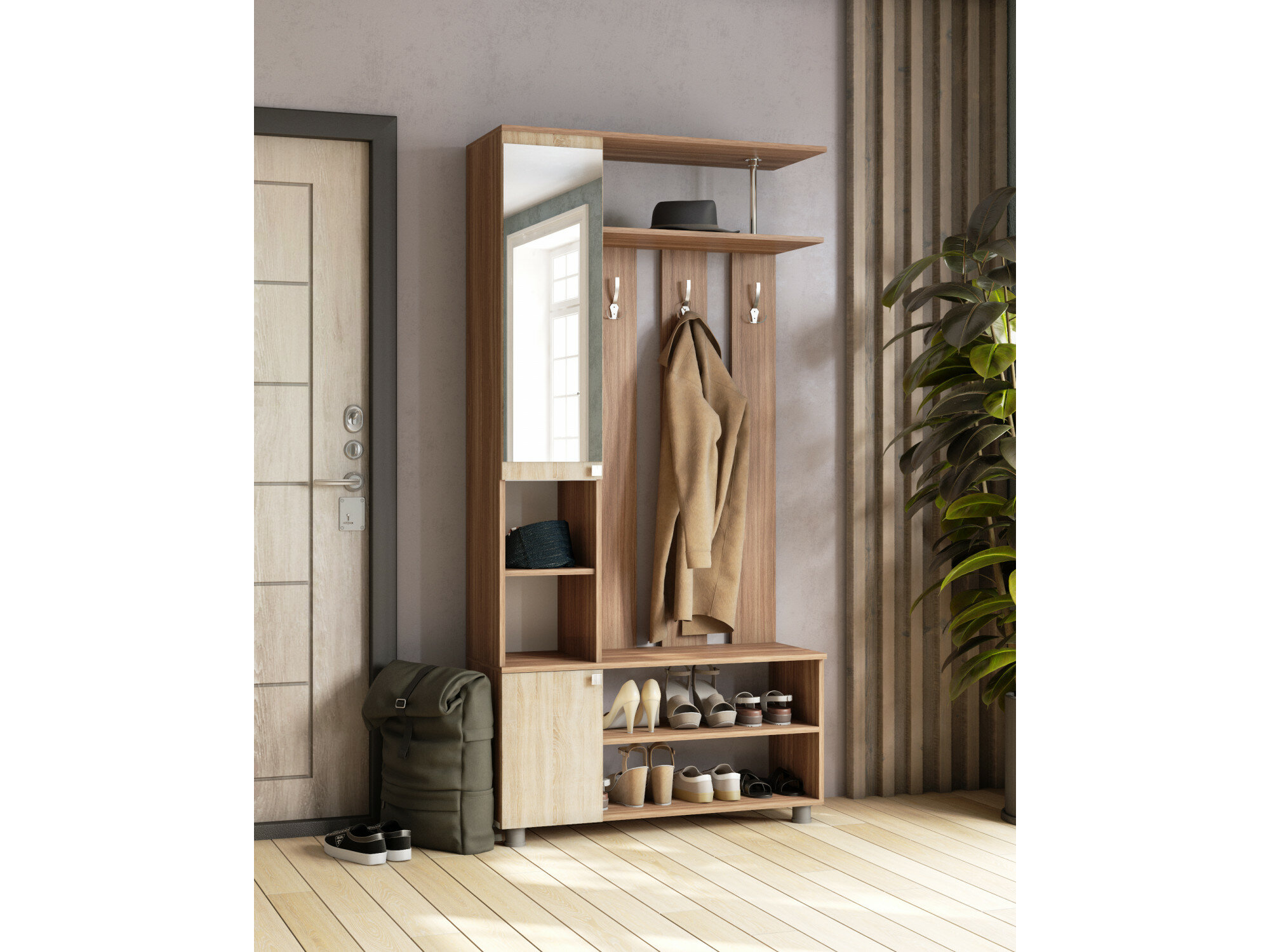 Прихожая-комплект, с 3 крючками, открытой обувницей на 6 пар и зеркалом, ясень шимо/ дуб сонома