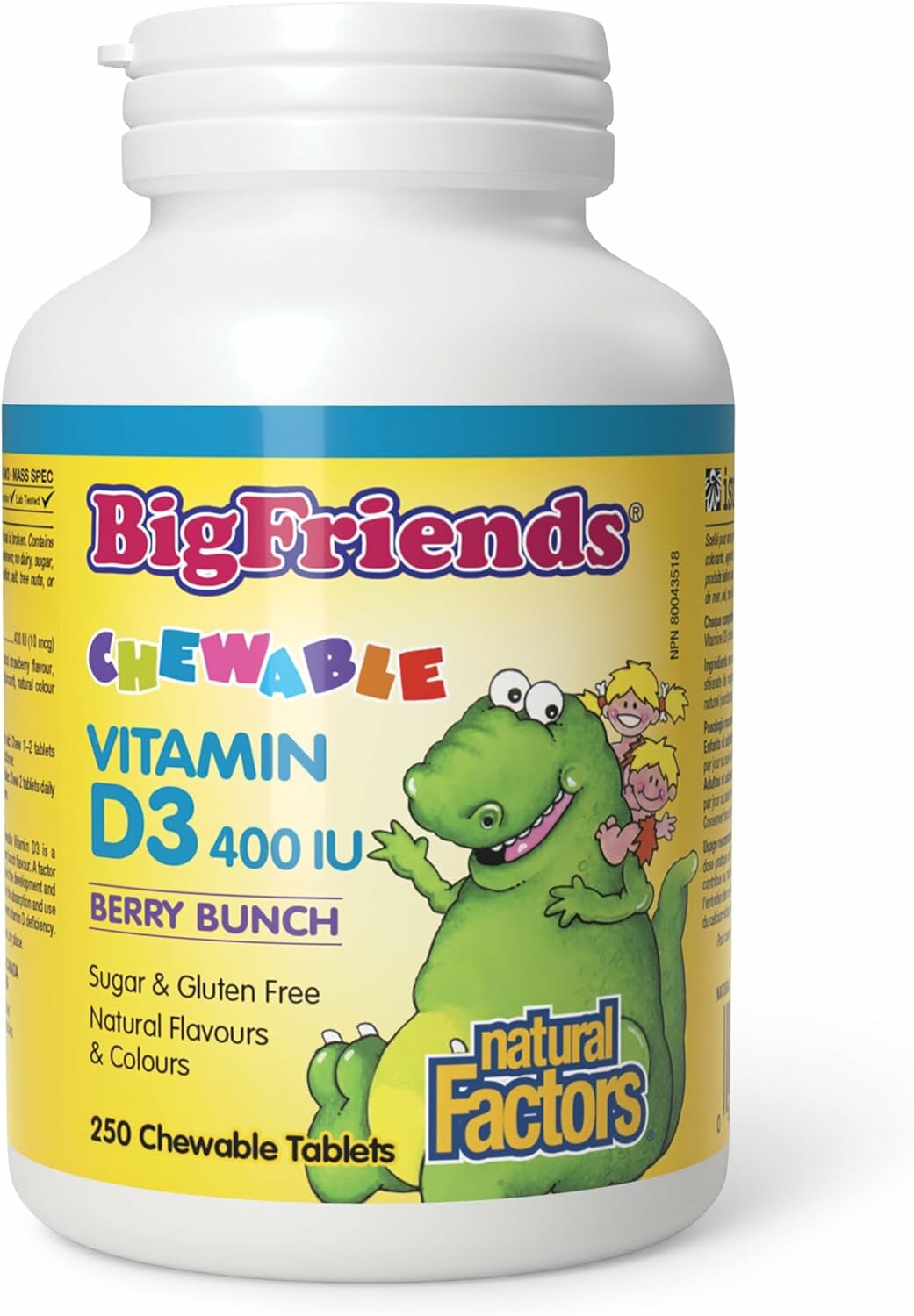 Natural Factors, Big Friends Vitamin D3, Витамин Д3 для детей в жевательных таблетках, ягодный вкус, 400ME, 250 шт.