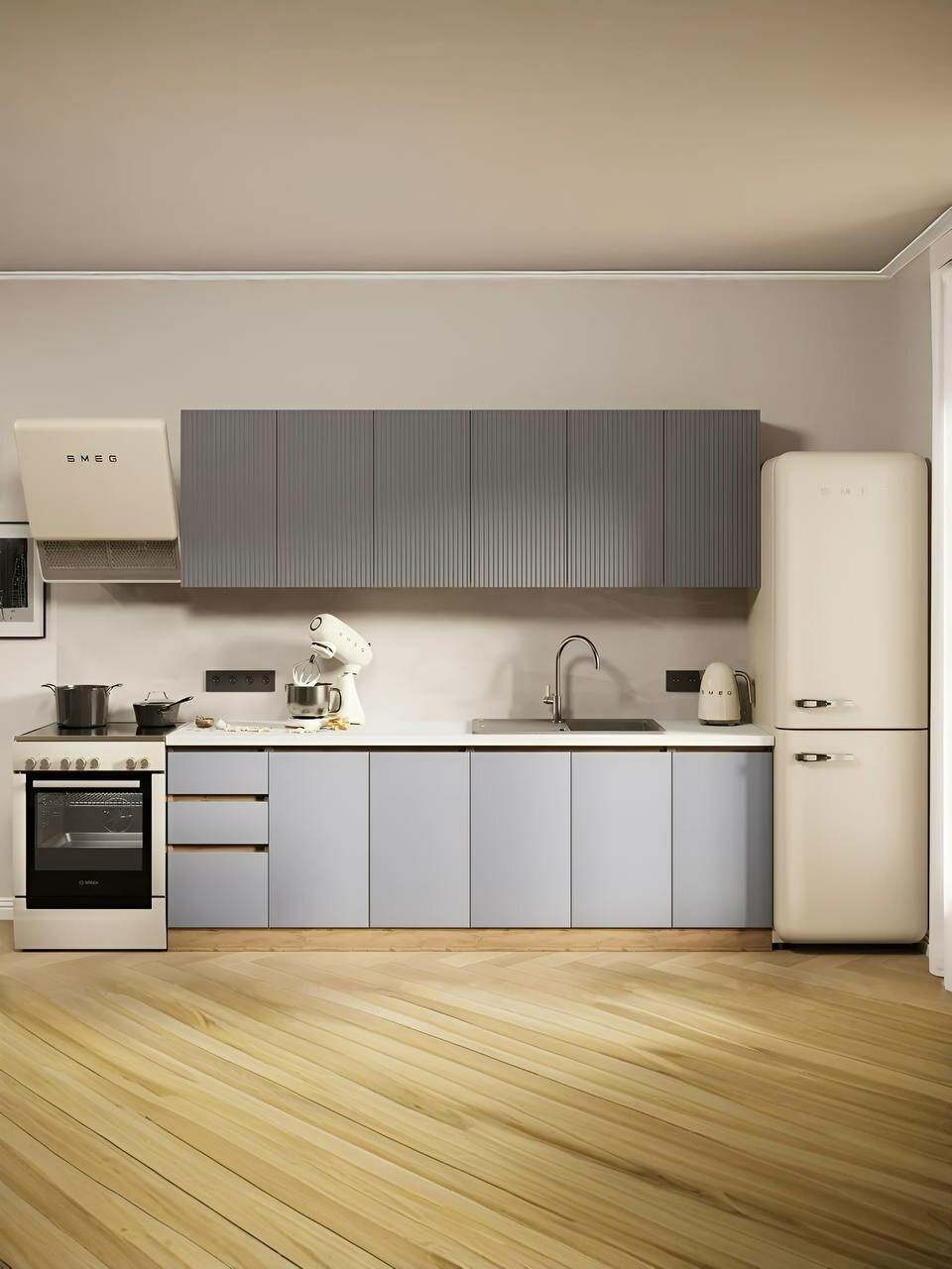 Кухонный гарнитур Ника МДФ 2,4м графит софт/серый софт со столешницей