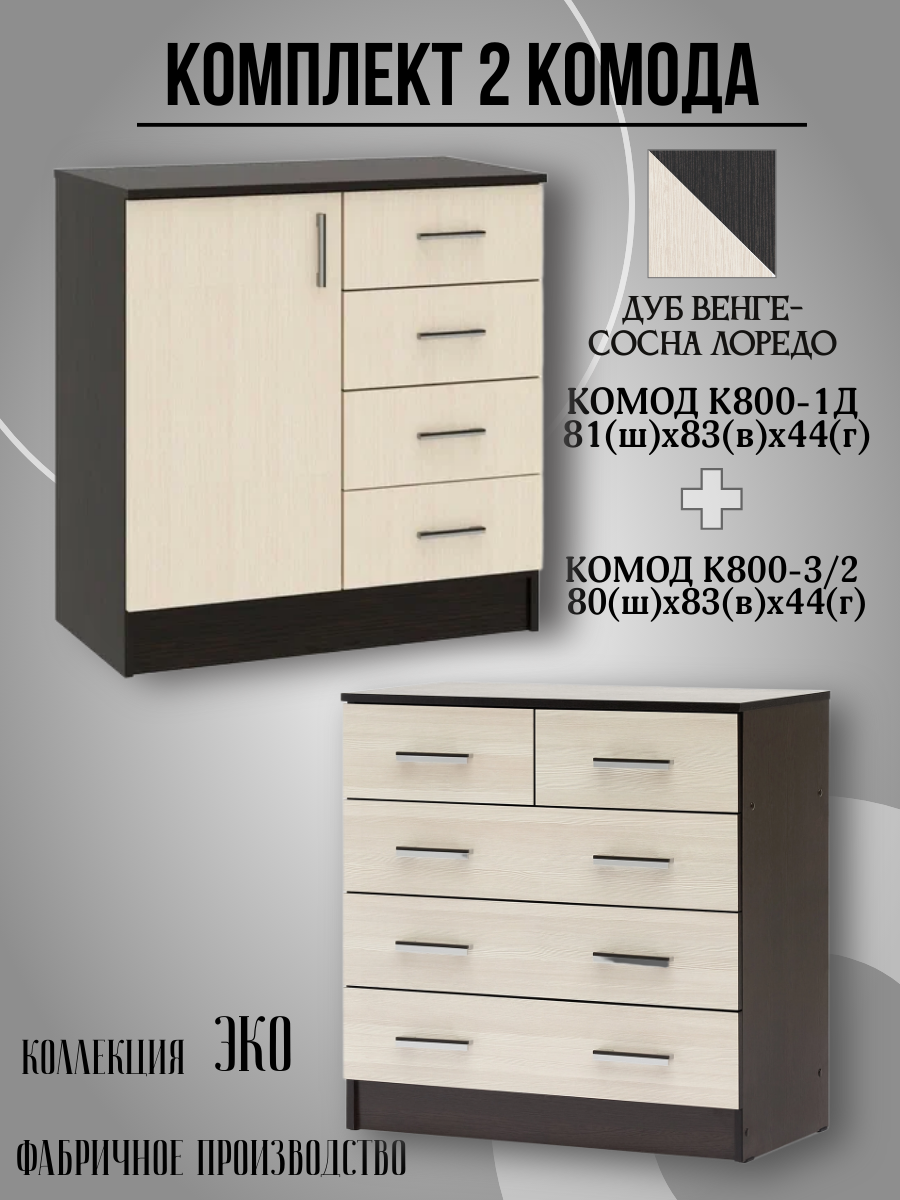 Комплект из 2-х комодов с ящиками, ширина 80см, ЛДСП, цвет Дуб Венге/Сосна Лоредо