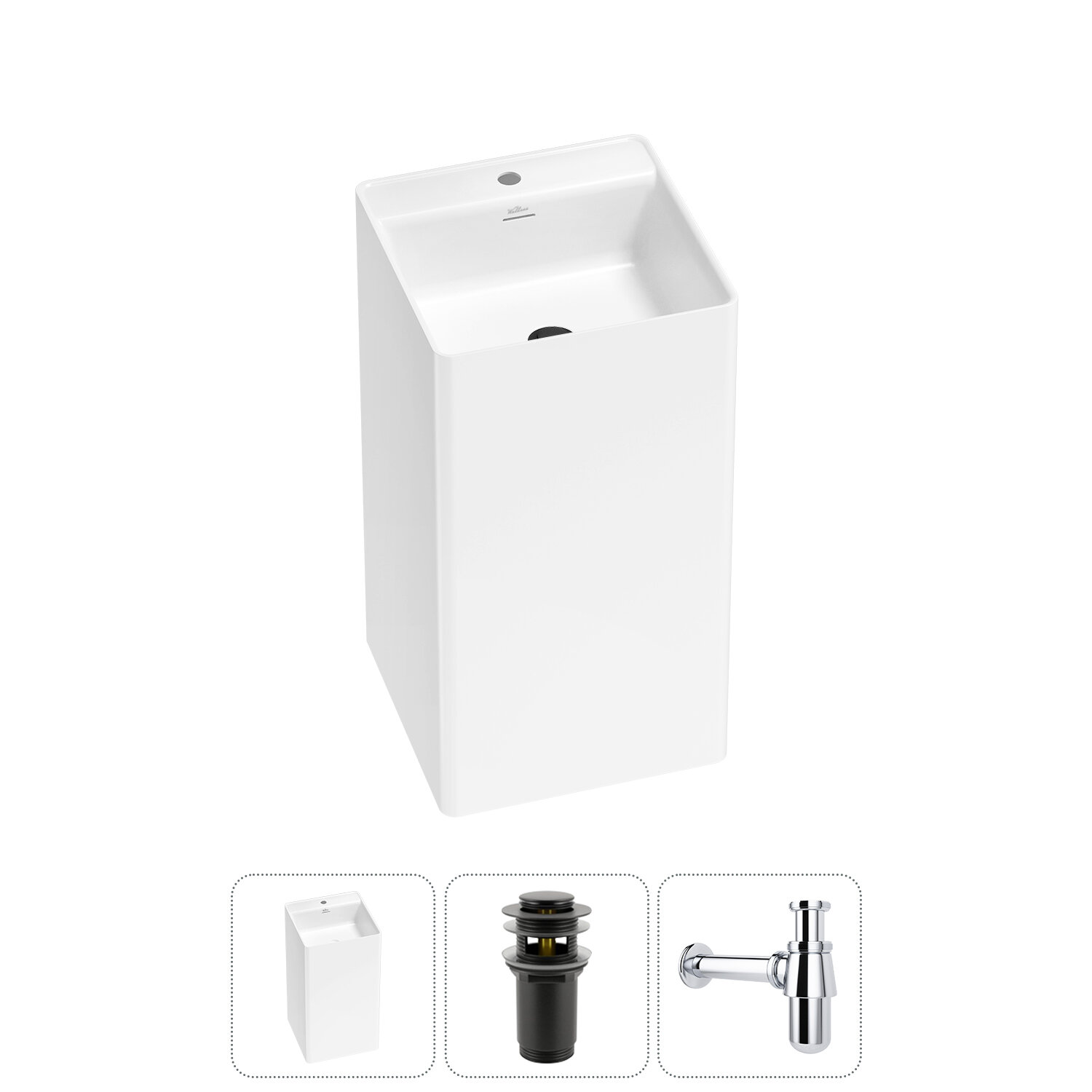 Квадратная напольная раковина для ванной Wellsee Pure BY Wellsee 20213255R в наборе 3 в 1: напольная отдельностоящая раковина моноблок в цвете белый глянец, донный клапан, сифон (цвет матовый черный)