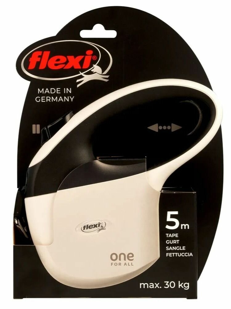 Flexi One For All поводок-рулетка, лента, длина 5м, 30кг, белый/черный