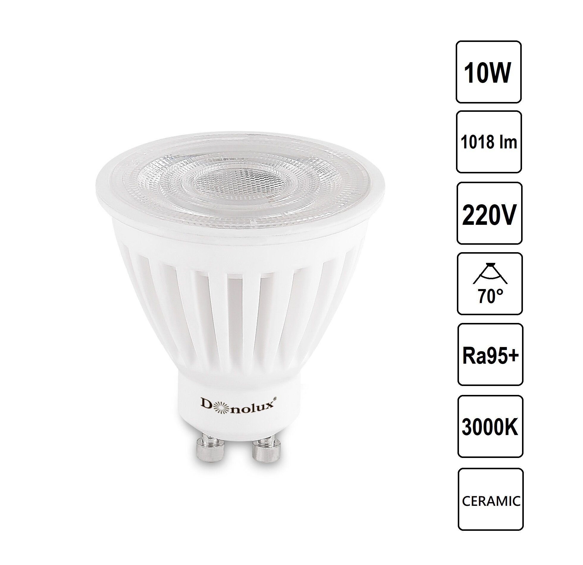 Светодиодная лампа MR16 GU10 10Вт 220В 3000K 1018Лм Ra95 70° D50хH53мм, корпус сделан из керамики, Donolux