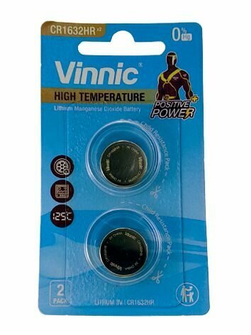 Батарейка (2шт) VINNIC CR1632HR литиевая дисковая 3В, высокотемпературная, t до +125 C (бл2)