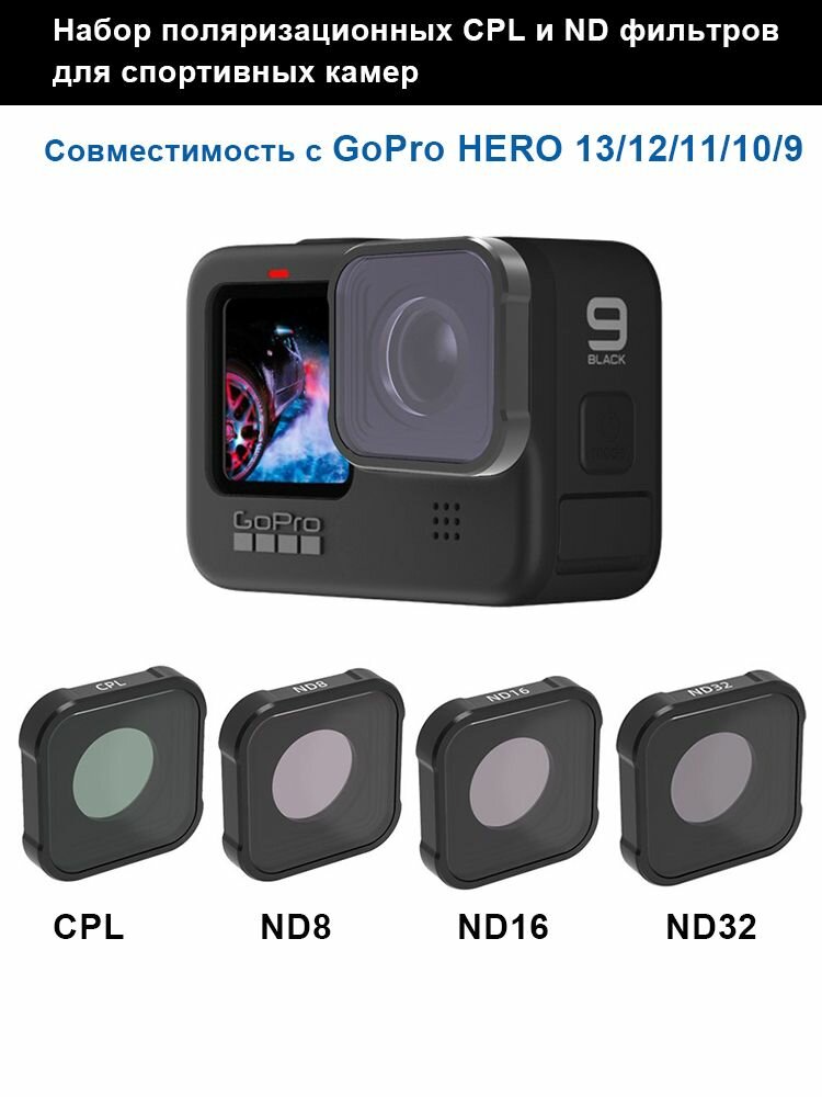 Набор Фильтров 4-в-1 CPL/ND8/ND16/ND32 - Для GoPro HERO 13, 12, 11, 10, 9, Mini с Покрытием 9H
