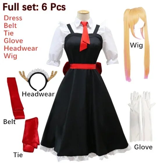 Косплей костюм Мисс Кобаяши Дракон Горничная Тору Красный, M, Black 6Pcs