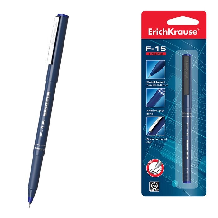 Ручка капиллярная Erich Krause F-15, узел 0.6 мм, чернила синие, длина линии письма 400 метров, в блистере