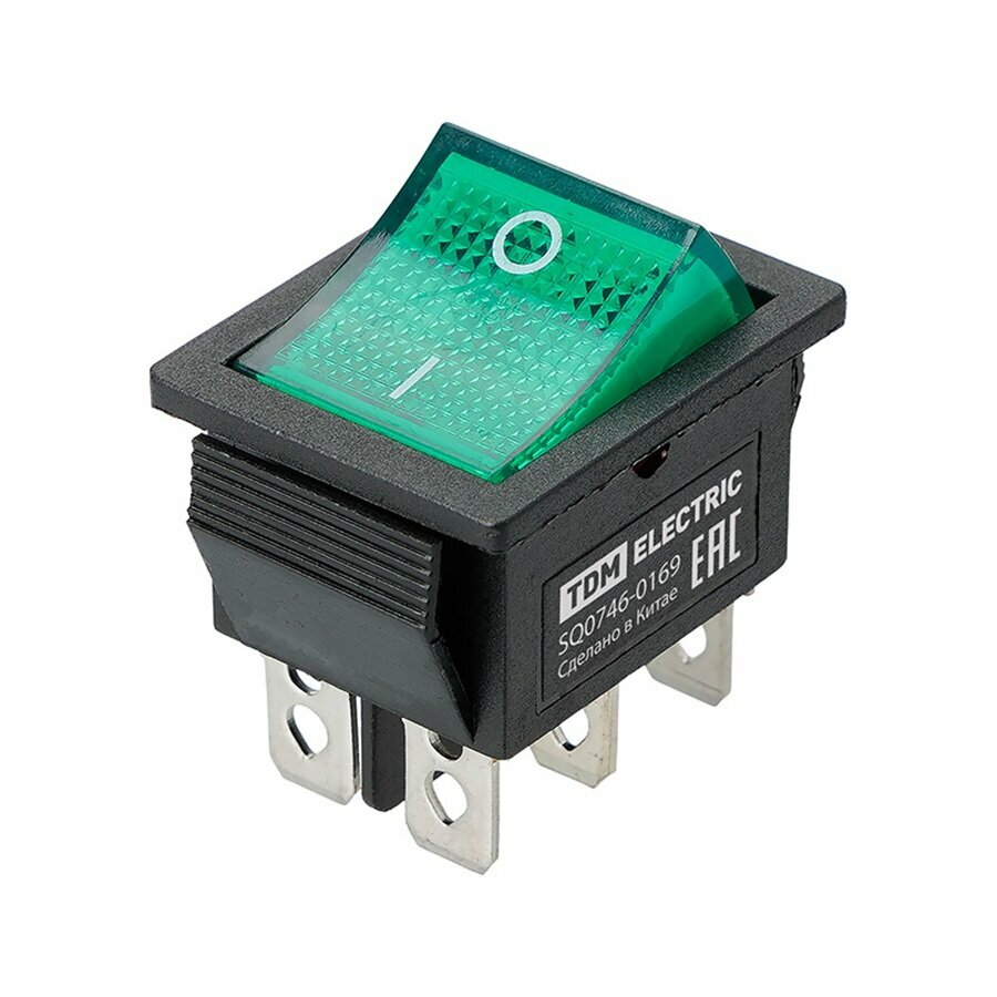 Выключатель клавишный KCD4-202N 250В AC/DC, 2P, 15А, (6с), ON-ON, черный корпус, зеленая клавиша с LED подсветкой, TDM SQ0746-0169 (1 шт.)