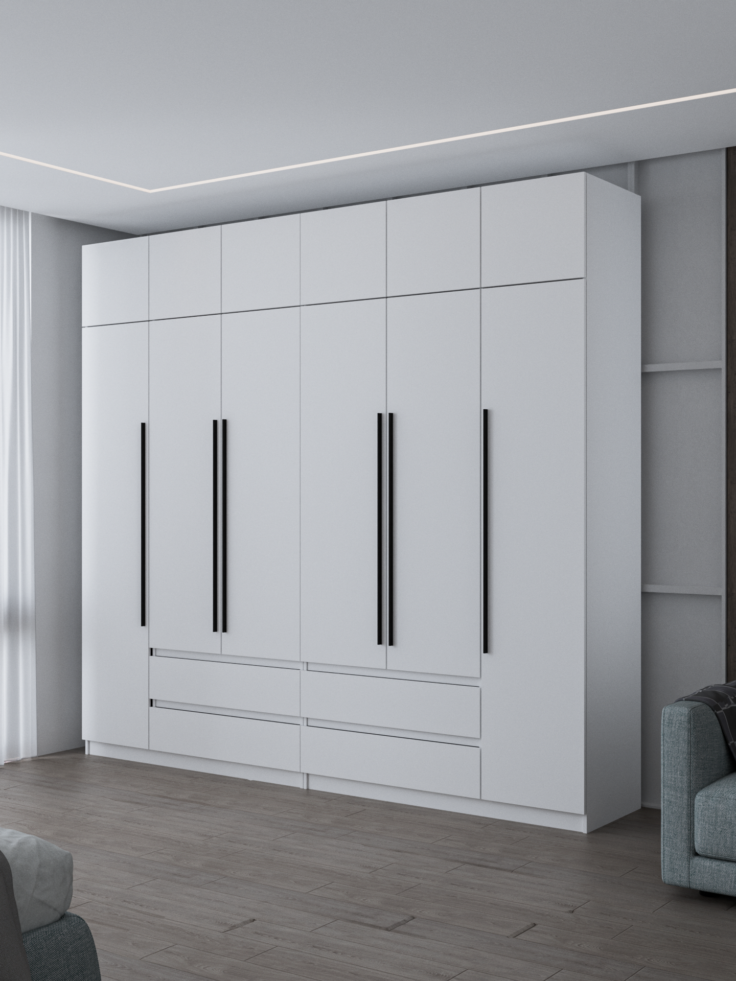 Шкаф распашной Пакс - 6AZ Ультра с выдвижными ящиками | ЛДСП Белый шагрень с черными ручками