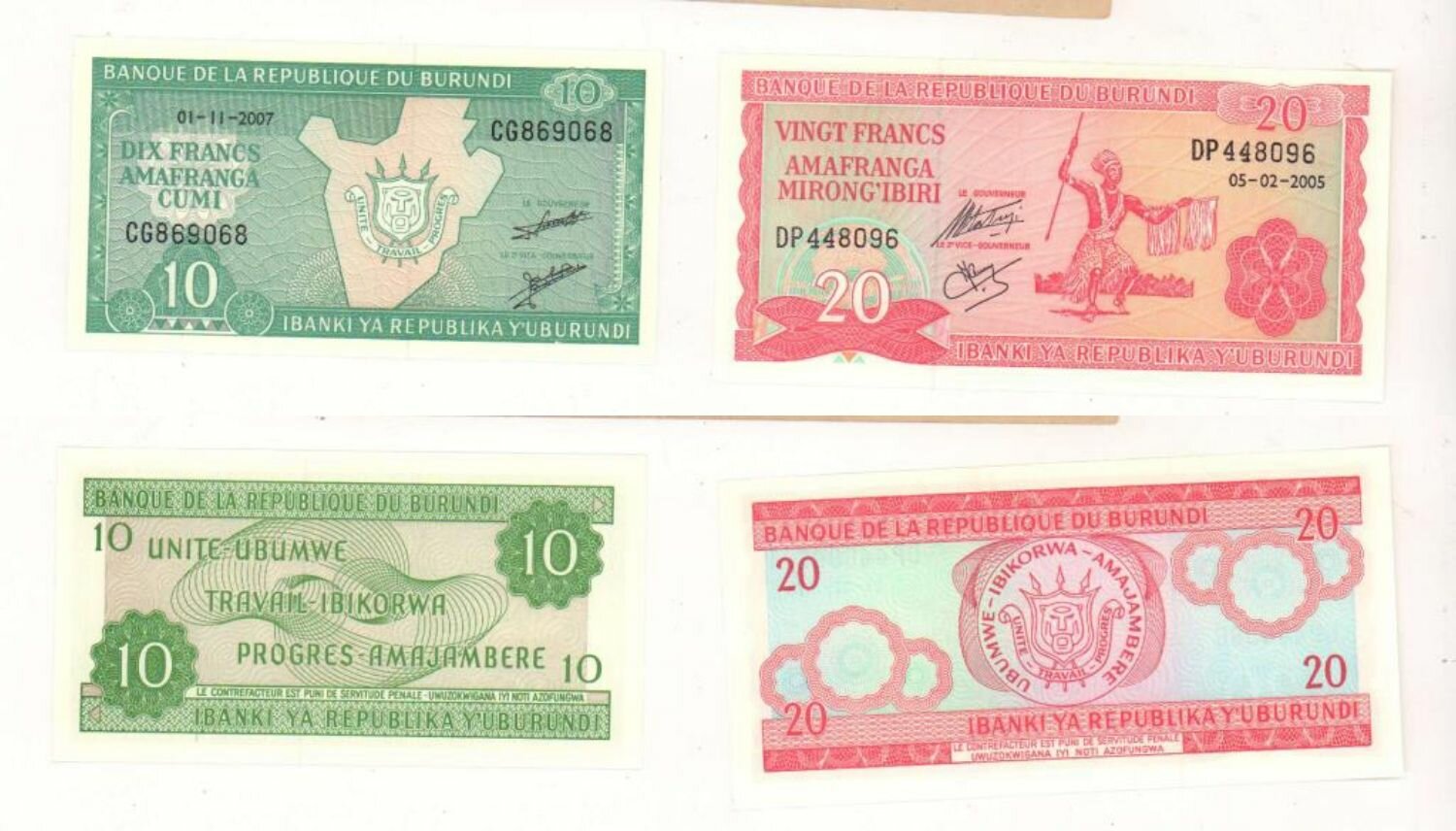 Банкноты 10 франков 2007 и 20 франков 2005 Бурунди Состояние AU