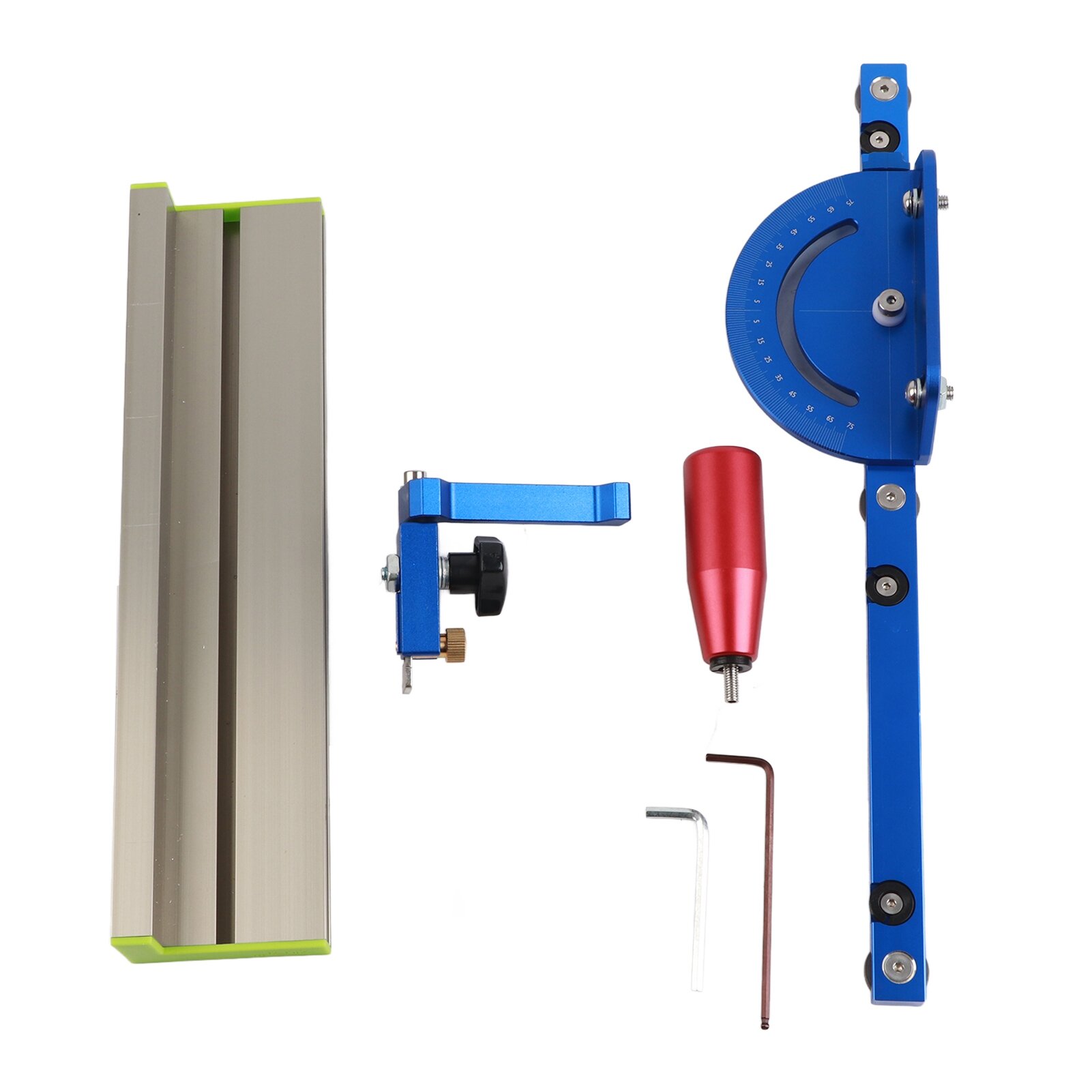 Система калибровки торцовочной пилы для настольной пилы, набор с нажимным столом, ручкой и ограничительным блоком.
