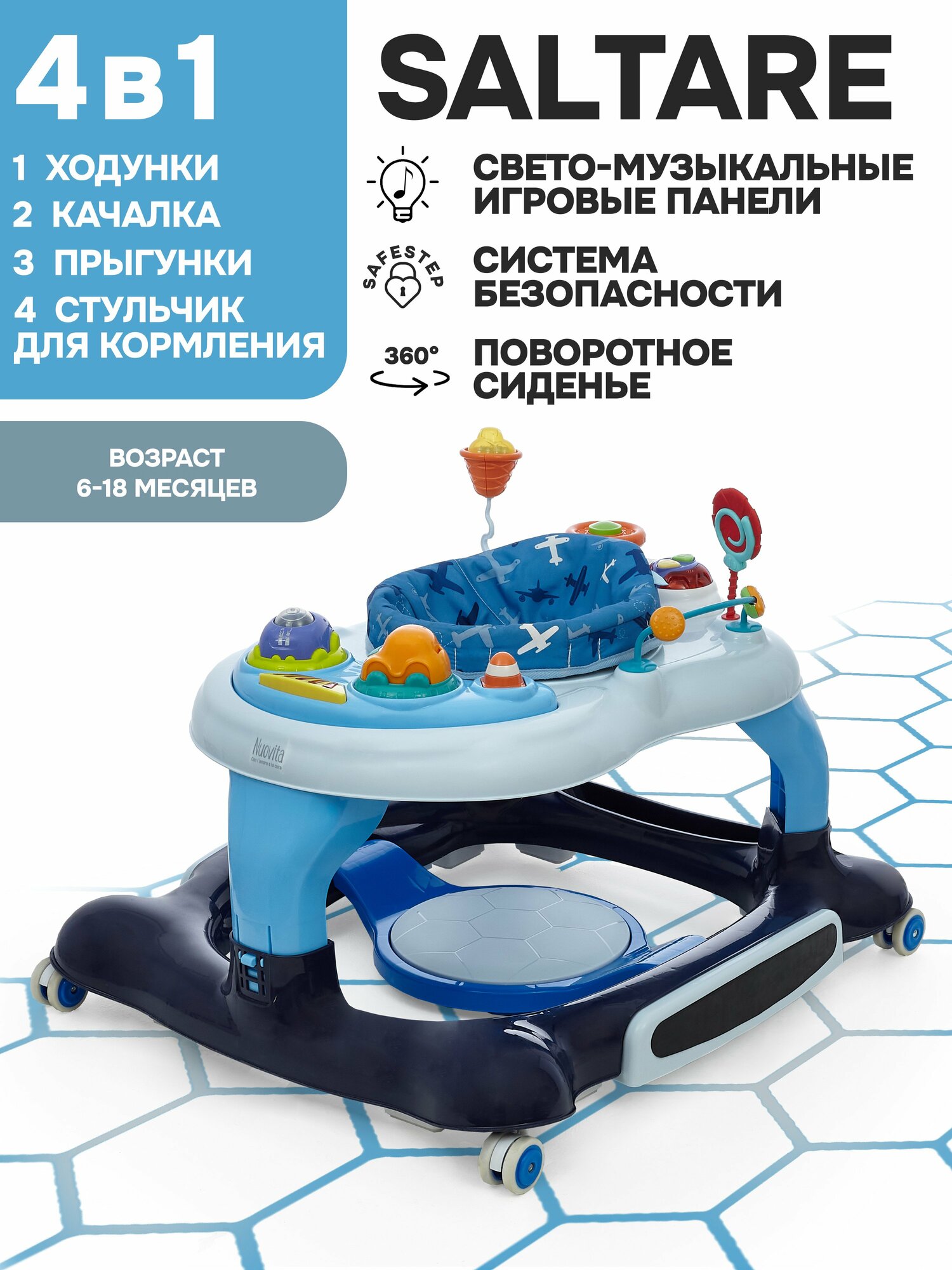 Ходунки детские Nuovita Saltare 4 в 1: ходунки, прыгунки, игровой центр, толкатель (Blu Bianco/Сине - белый)