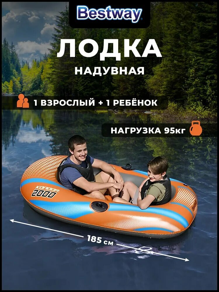 Надувная лодка двухместная Bestway KONDOR 2000 180х97см для рыбалки и катания