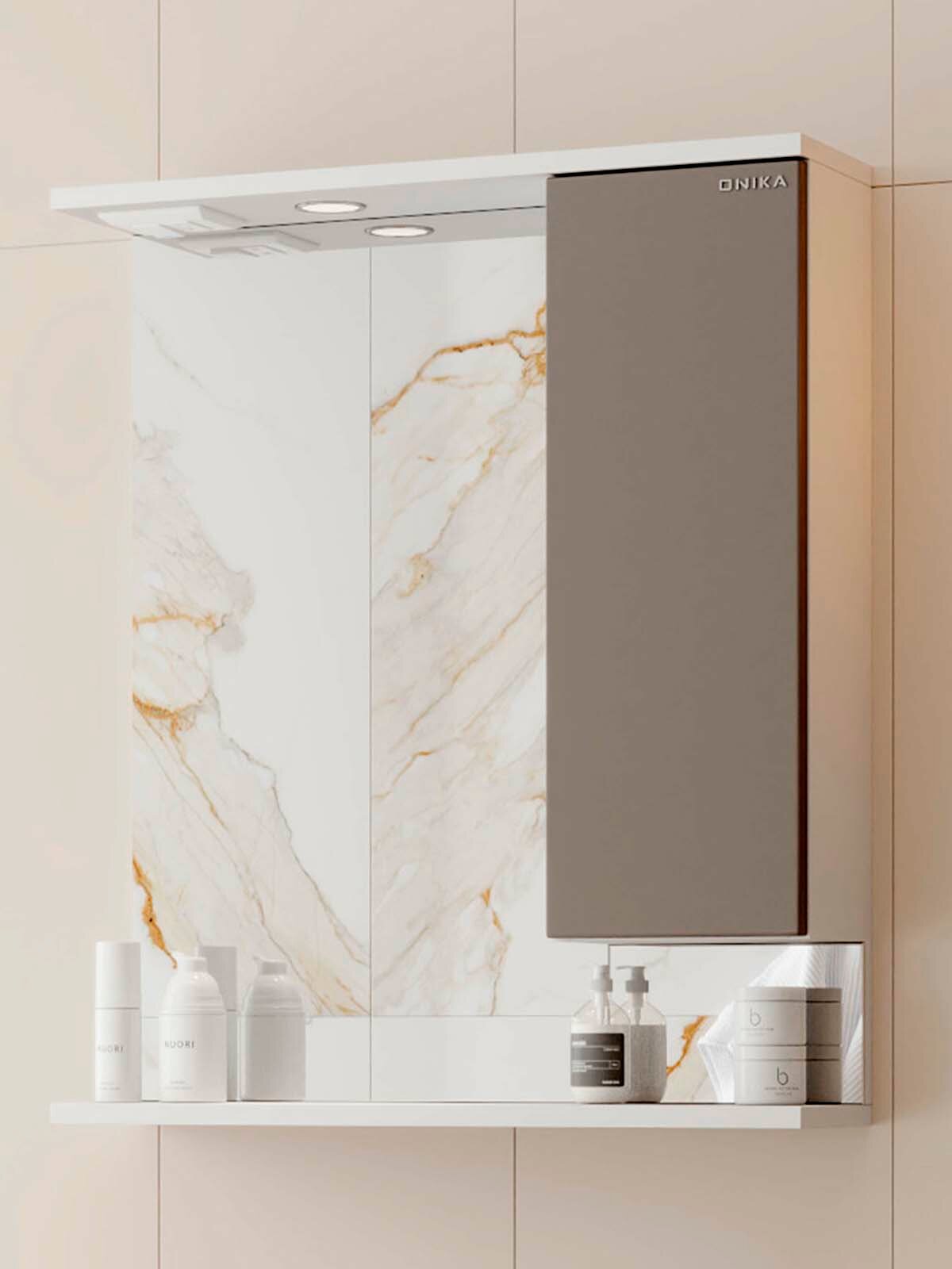 Шкаф-зеркало для ванной Onika Марви 60 мокко, правый, с подсветкой / 60x16x71 см