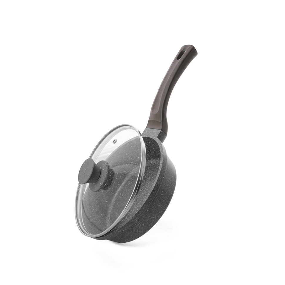 14617 FISSMAN Сковорода для жарки UNIQUE PRO 20x5,9см со стеклянной крышкой (алюминий с антипригарным покрытием Pfluon Coookmark) Ручка-бакелит с софт-тач под дерево; Крышка-стекло; Индукция