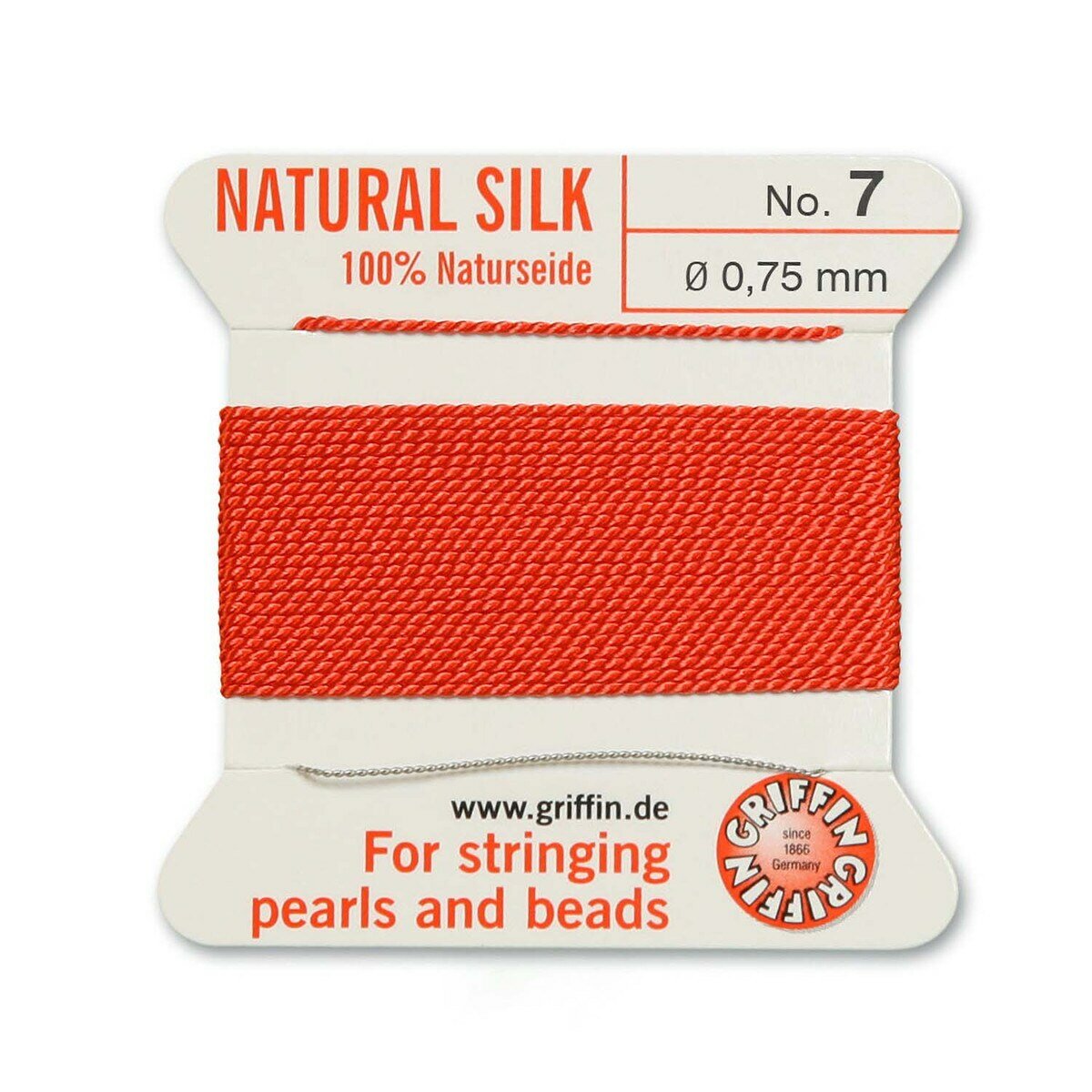 Нить шелковая, Griffin No.7 (0.75 мм), кораллово-красная, с иглой, моток, 2 метра