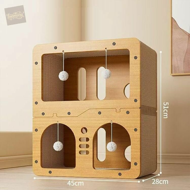 Двухэтажный домик-когтеточка для кошек Многофункциональный комплекс с лежанкой и когтеточкой (дерево + картон, 51см, для 3+ кошек)