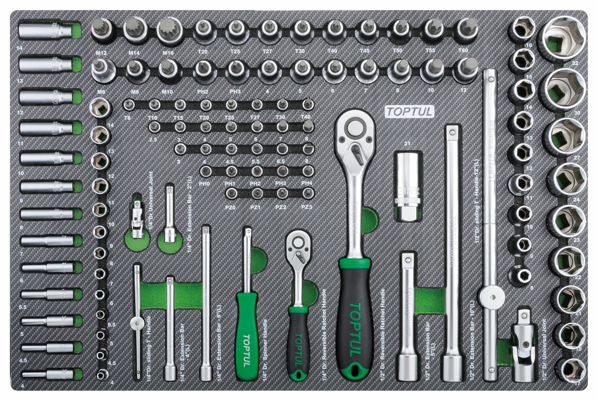 Набор головок и аксессуаров 1/4"DR и 1/2"DR, 6-гранных, профессиональный, 111 предметов, в ложементе, TOPTUL GEDB117