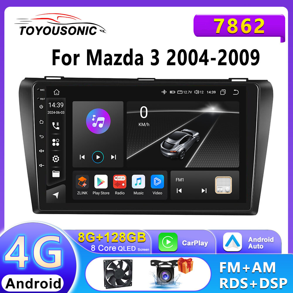 Магнитола для Mazda 3 2004-2009 , Автомагнитола для Мазда,4G Android 8+128GB 2din Мультимедиа Bluetooth FM WIFI Автомобильный
