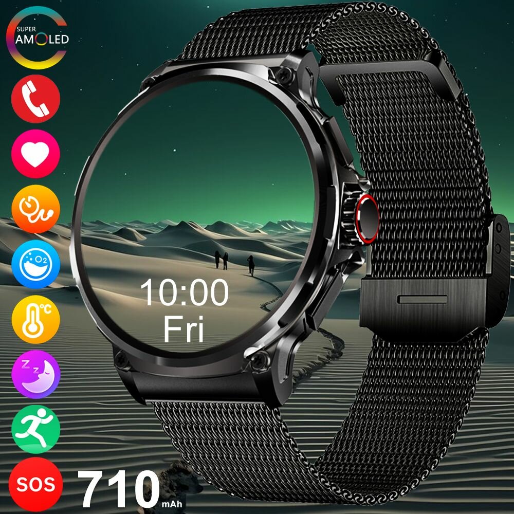1,85 дюйма AMOLED HD экран мужские роскошные часы, 710mAh тяжелых Smartwatch Heart Rate Оксиметрия кровяного давления монитор сна шагомер, 2 ремешки
