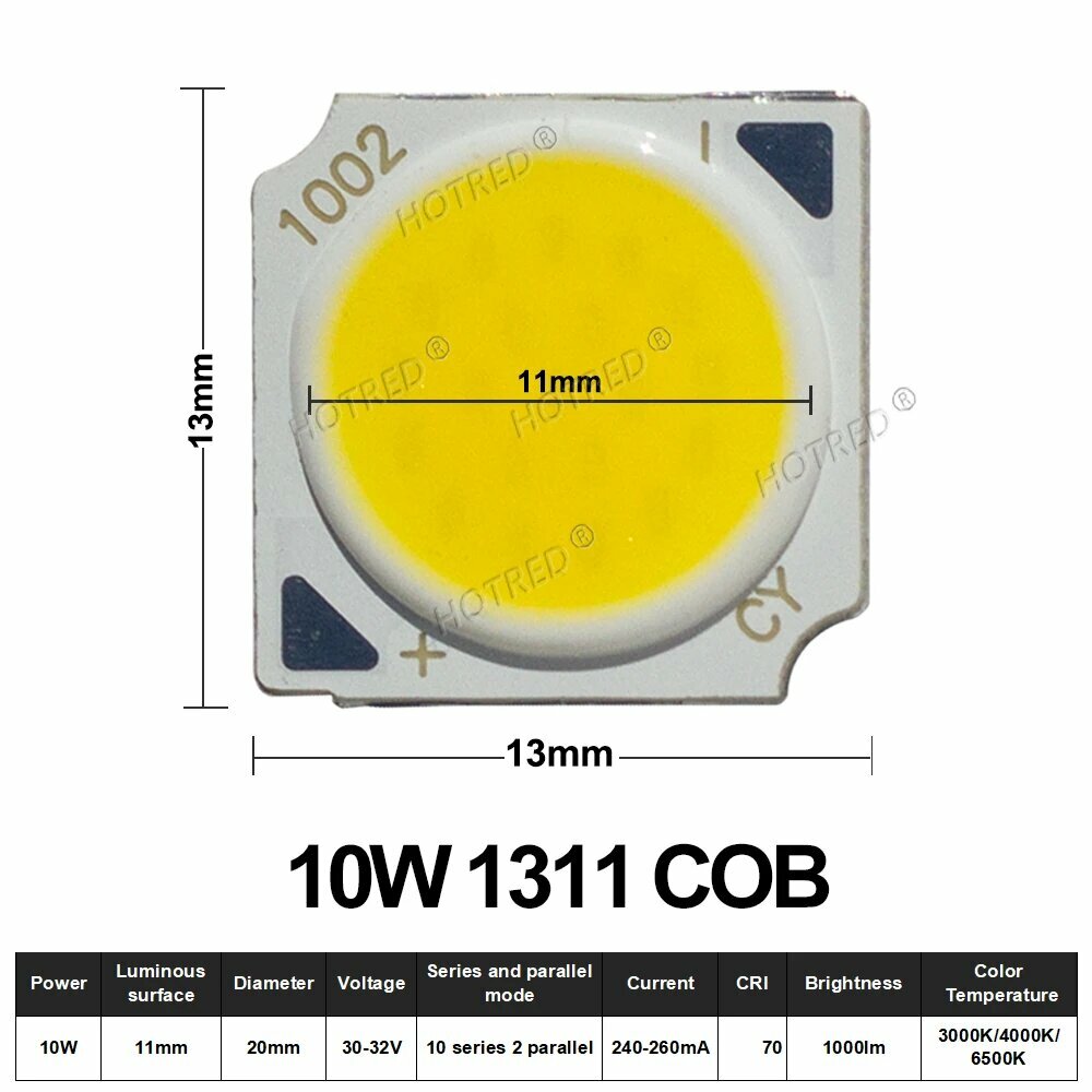 OTCRREE COB LED лампы 3-36 Вт 13/20/28 мм нейтральный/холодный/теплый белый 10W 13-11mm COB, Neutral White 4500K, 10pcs